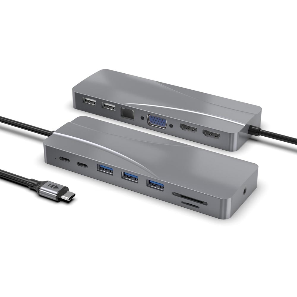 Hub USBC 14 in 1 RikBo®, 1x 100Mbps RJ45, 2x 4k HDMI, 1x VGA Port, 3x ...