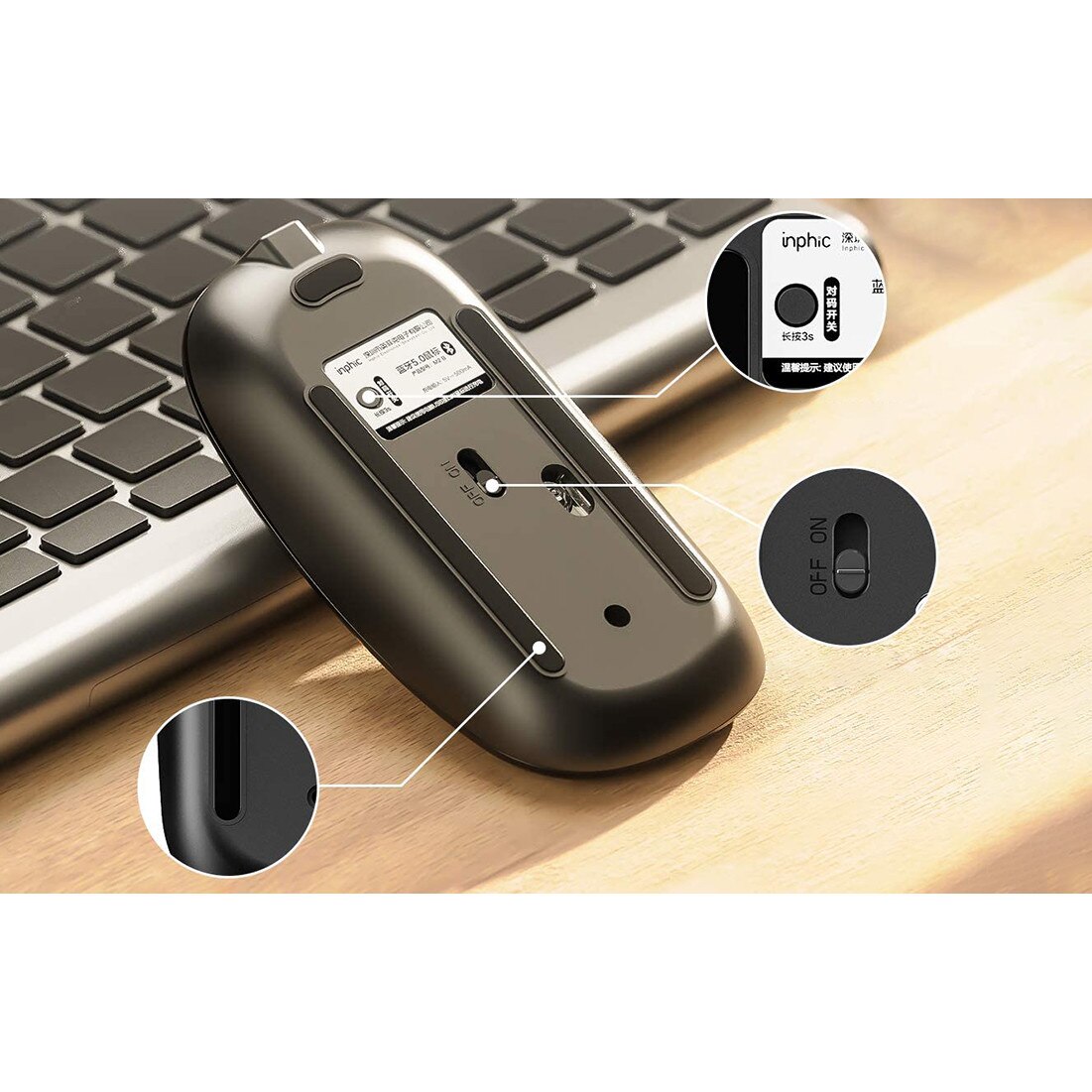 Mouse wireless, Inphic, M2B, Negru, Raza 10 m, Bluetooth 5.0, Rezolutie ...