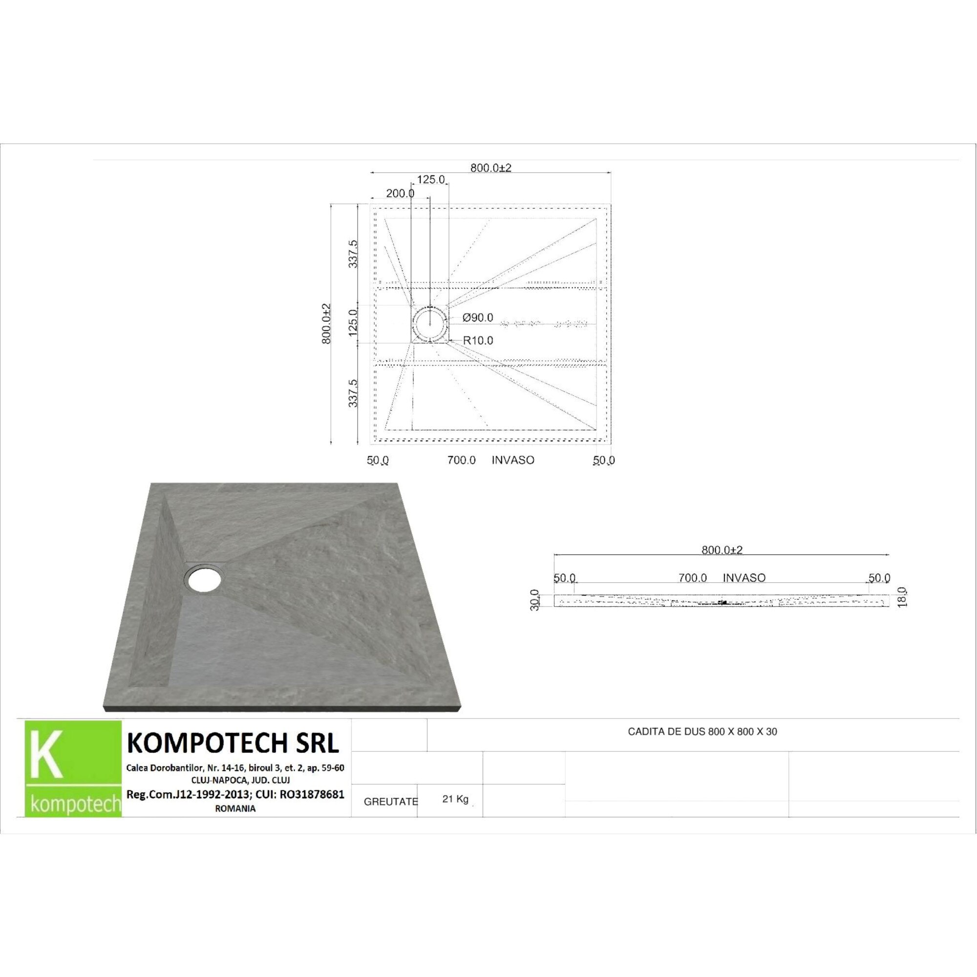 Cadita de dus din Compozit 80 x 80 cm cu sifon scurgere si grila de ...