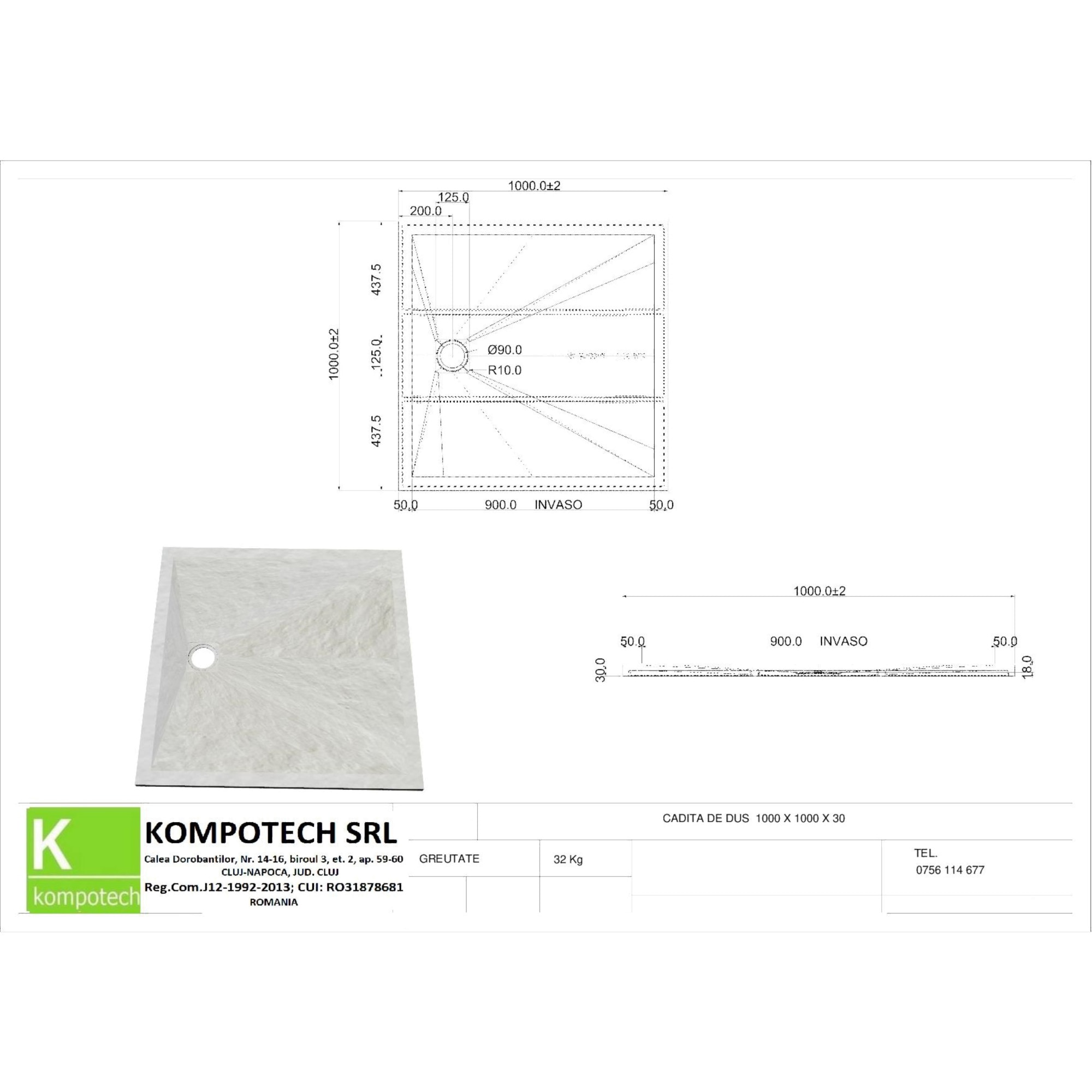 Cadita de dus din Compozit 100 x 100 cm cu capac si sifon scurgere ...