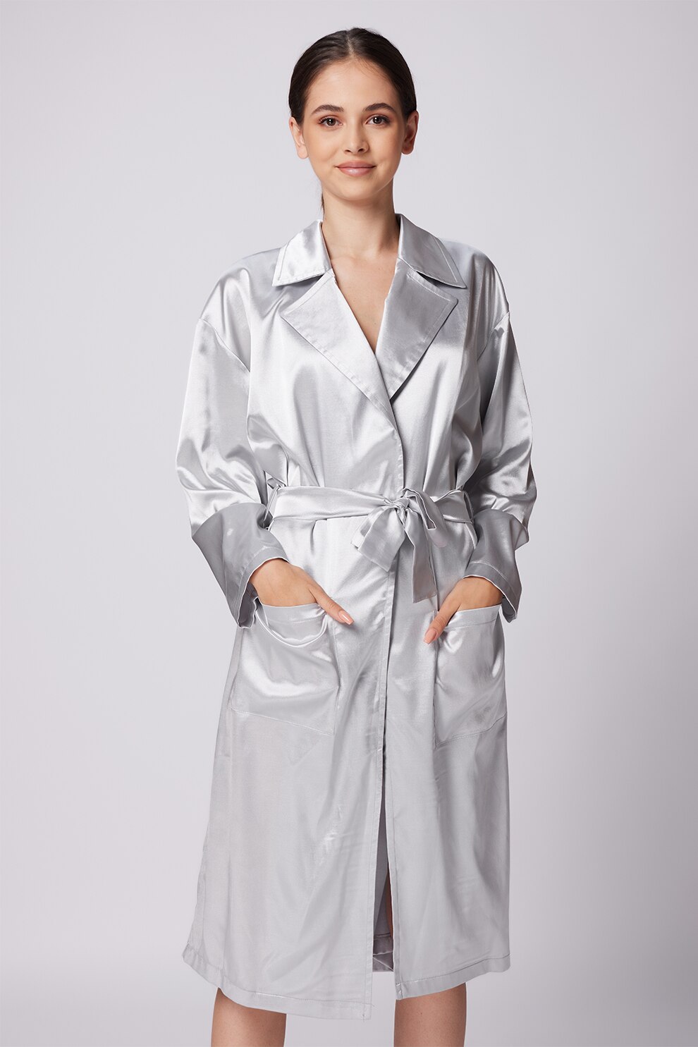 Amazing, Halat din satin cu revere decupate, Gri deschis, L - eMAG.ro