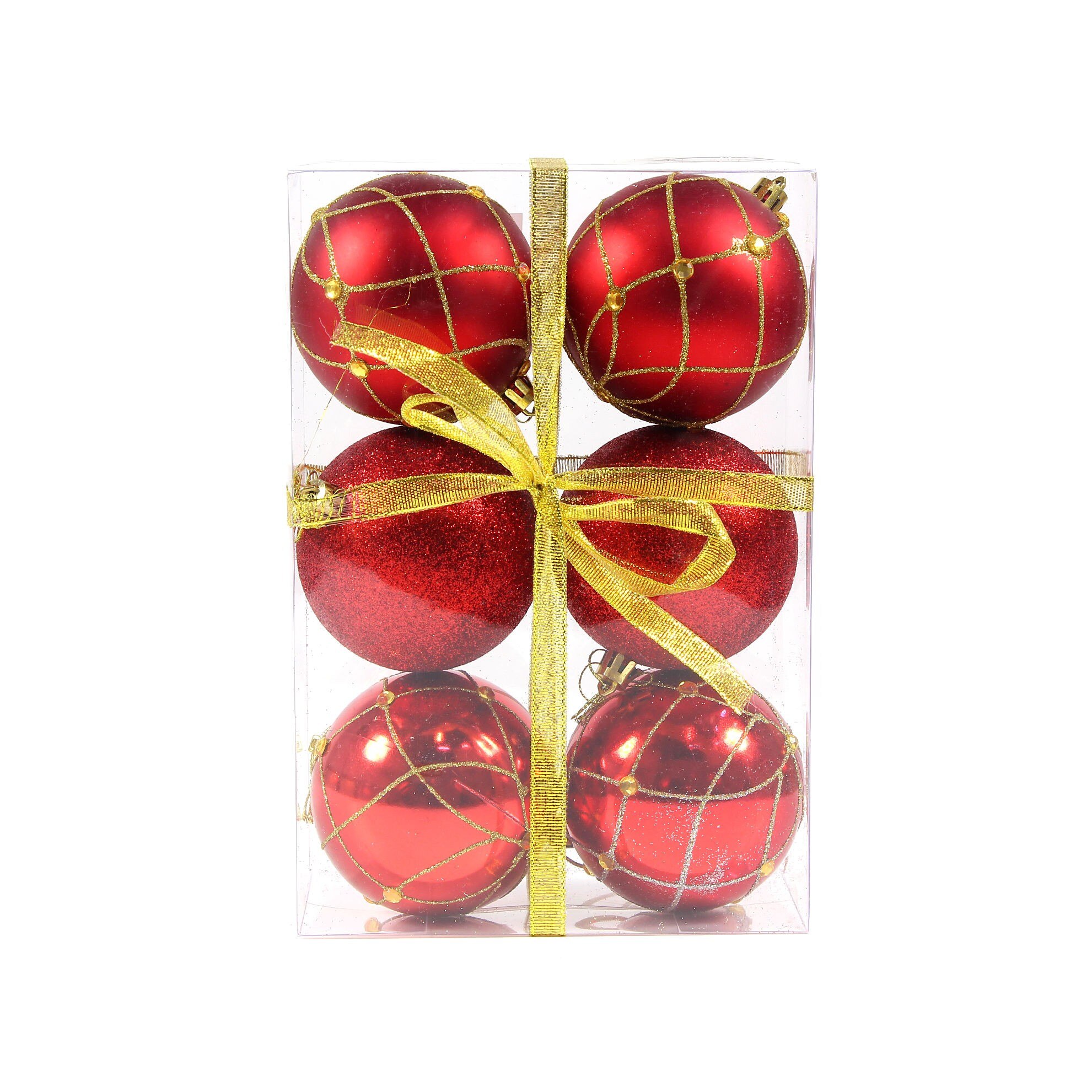 Комплект коледни топки 6 части, червени със златист десен, диаметър 8 ...