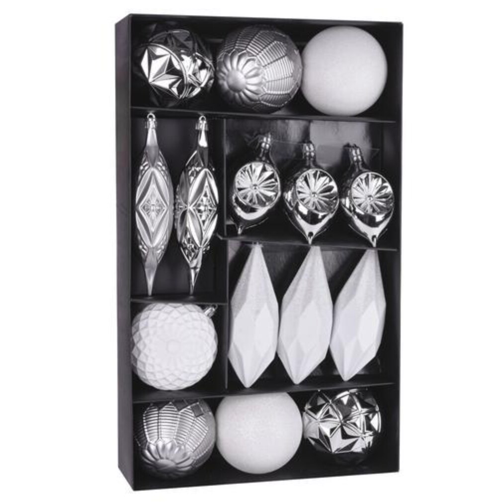 Set 15 de globuri albe si argintii pentru Craciun din plastic, diametru ...