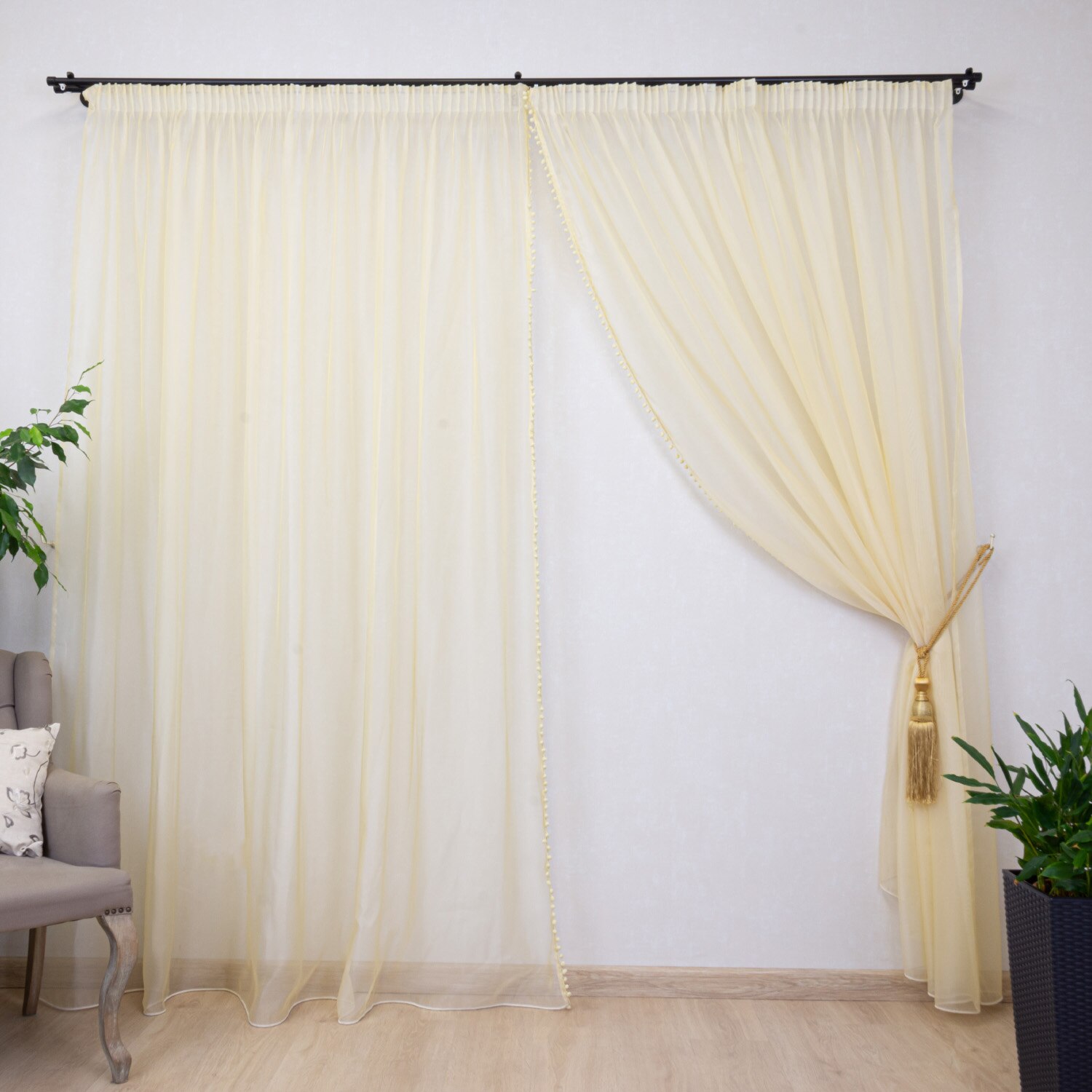 Set 2 Perdele voal Hiko Ana crem/auriu cu pom pom 2x200x245cm, cu ...