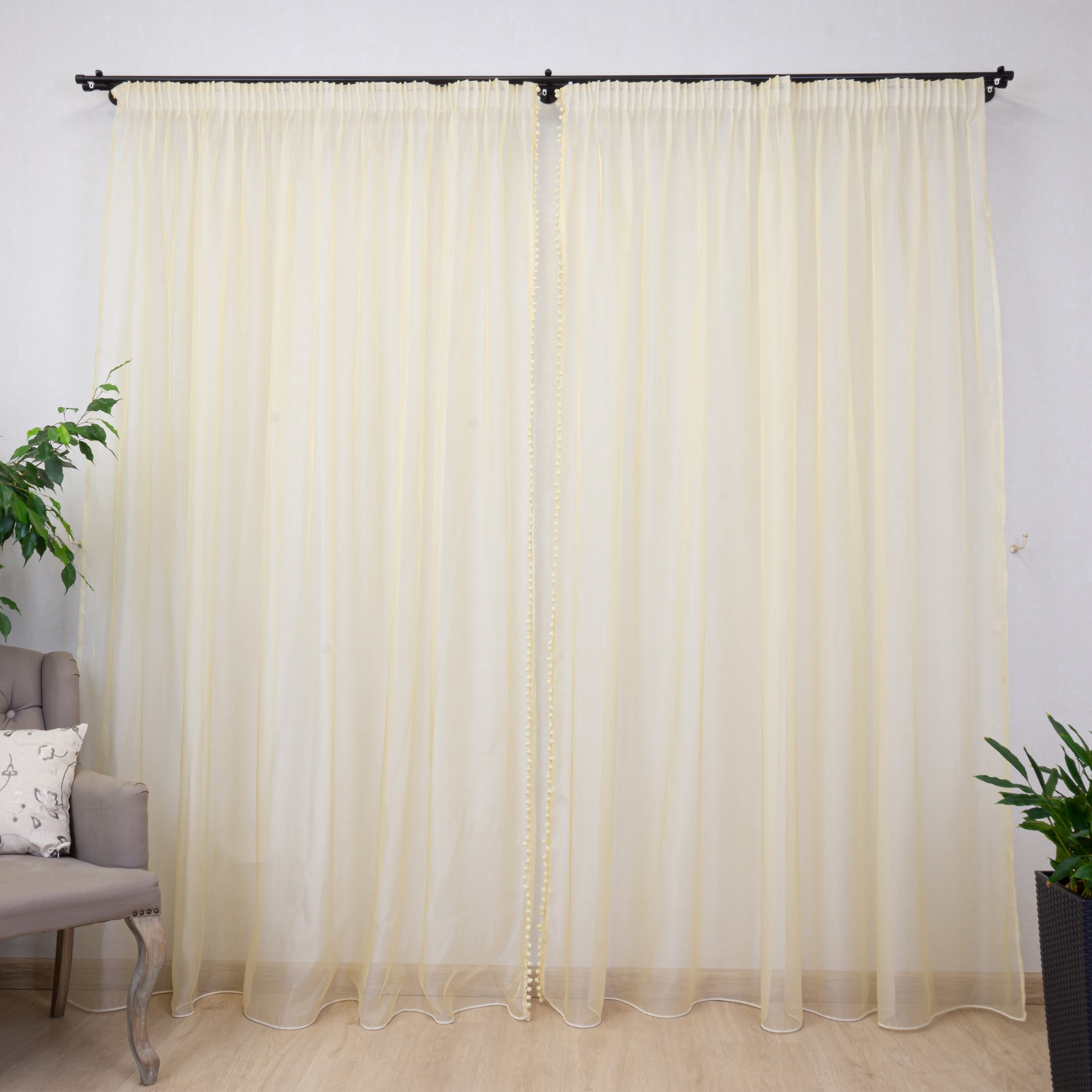 Set 2 Perdele voal Hiko Ana crem/auriu cu pom pom 2x200x245cm, cu ...