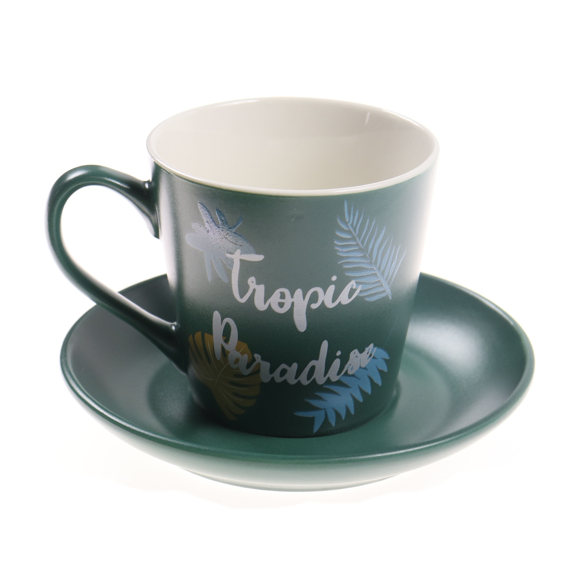 Set cani cafea, 12 piese, portelan, verde, model tropical, 220 ml - eMAG.ro