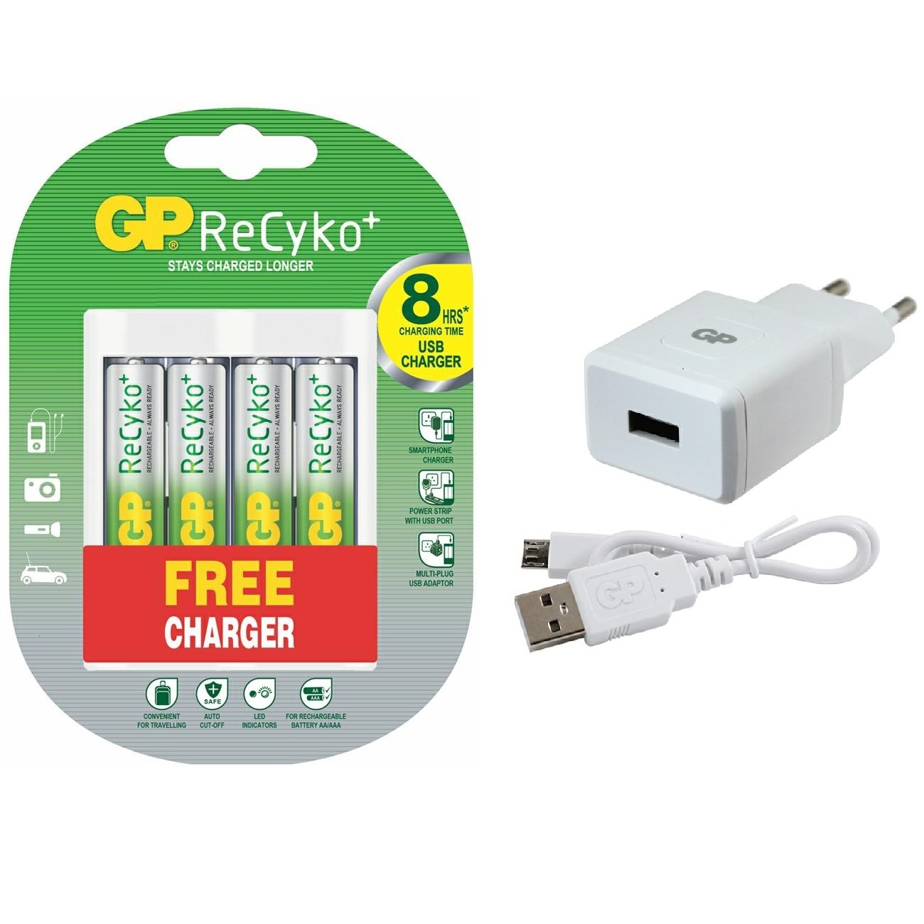 Set incarcator GP U411 cu 4 baterii AA, R6, 2000mAh si incarcator USB ...