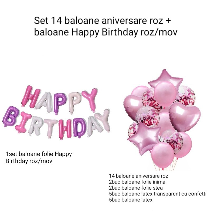 Set 14 Baloane Aniversare cu confetti, culoare roz + Baloane Happy ...