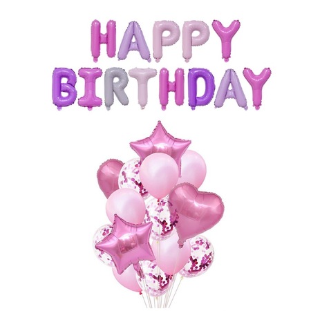 Set 14 Baloane Aniversare cu confetti, culoare roz + Baloane Happy ...