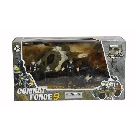 Military Combat Force 9 játékkészlet, 2 figurával, egy helikopterrel és egy motorkerékpárral ...