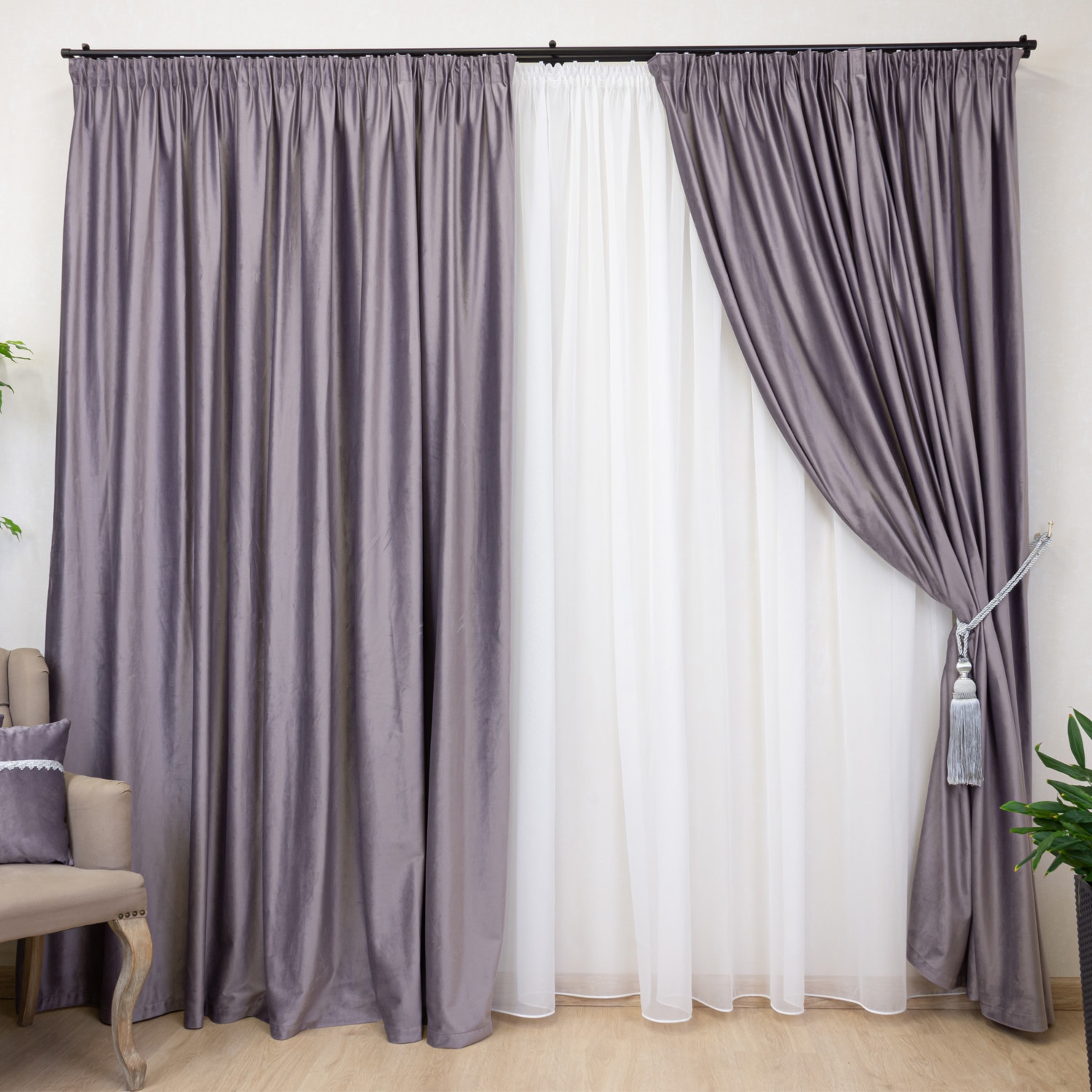 Set 2 draperii Hiko COMFY catifea gri movuliu 2x140x245cm, cu rejansa ...
