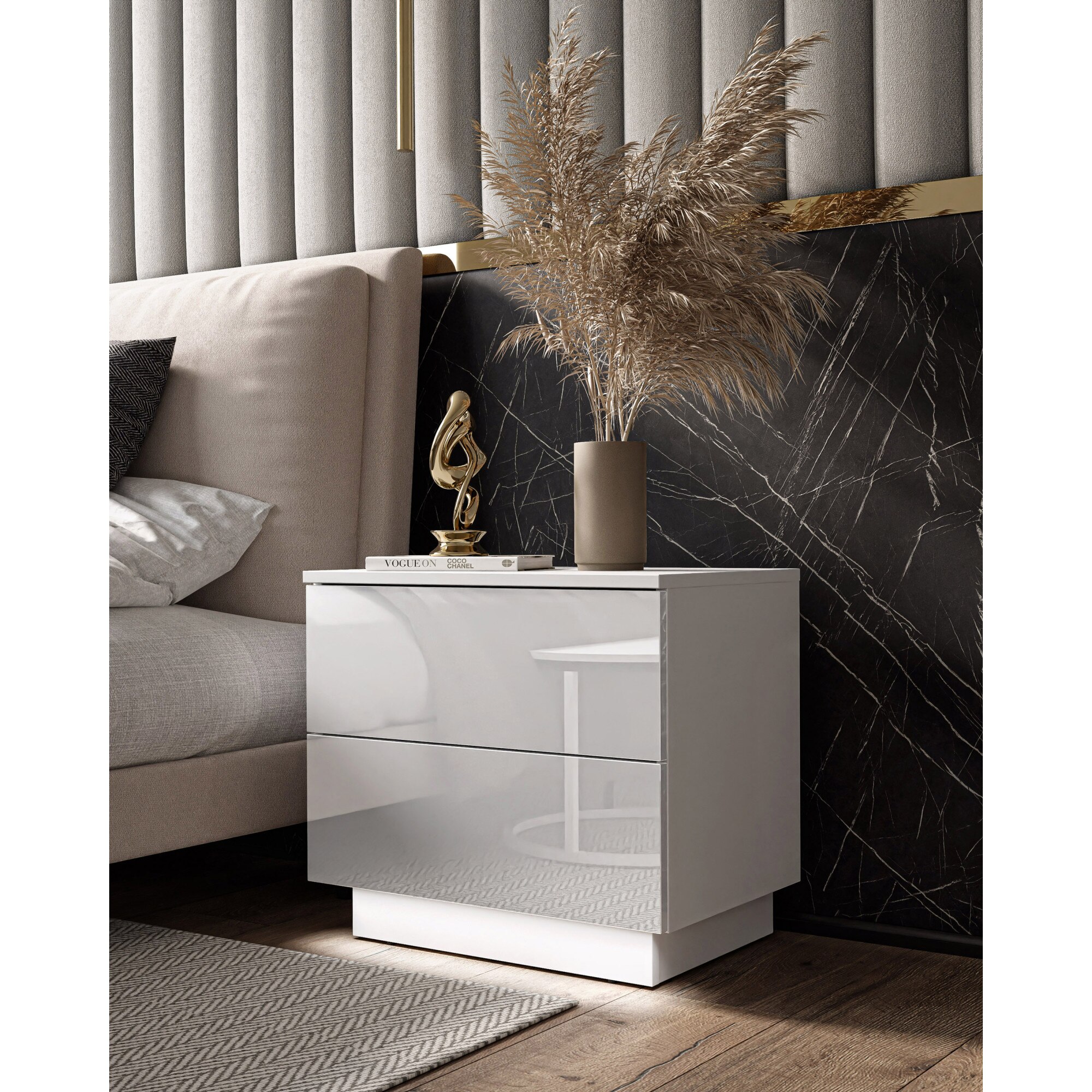 Noptiera LINA, Lukmebel, Alb/ Alb Luciu, LED, 55x50x37 cm - eMAG.ro