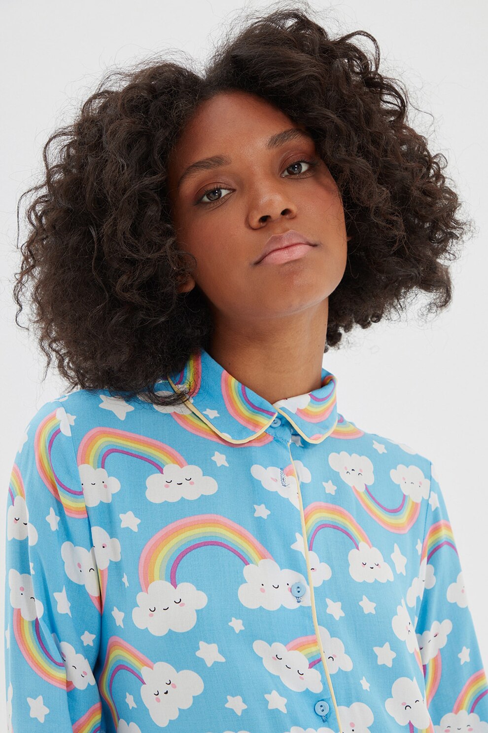 Trendyol, Camasa de noapte cu model curcubeu si nasturi, Albastru, 44 ...