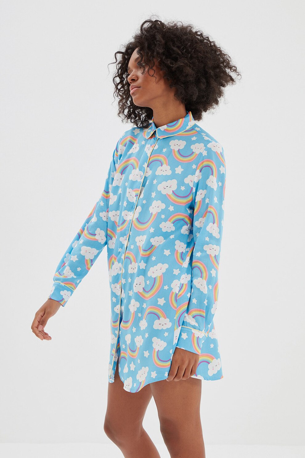 Trendyol, Camasa de noapte cu model curcubeu si nasturi, Albastru, 44 ...