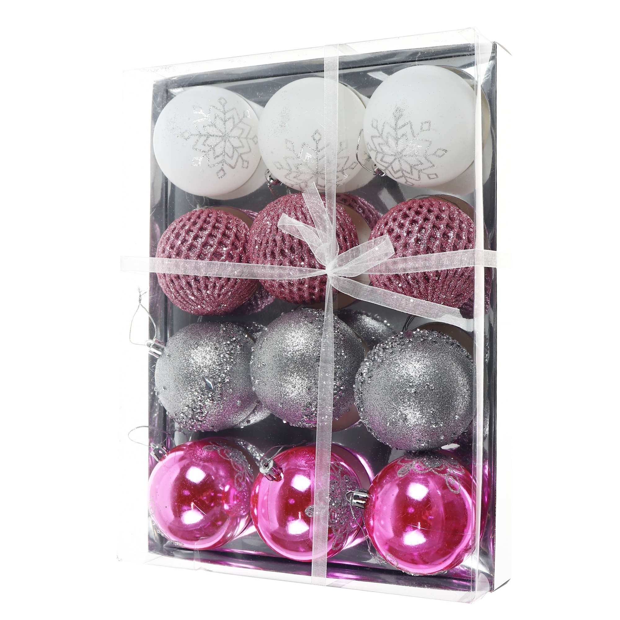 Set 12 bucati de globuri Craciun, culoare albe, diametru 8 cm, diverse ...