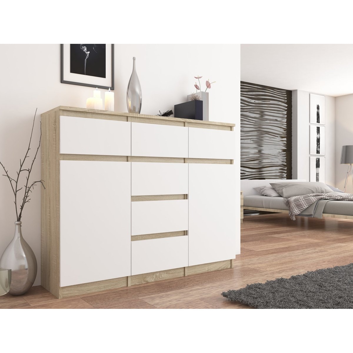 Comoda pentru hol/living/dormitor, cu sertare, 98 cm, S62D, alb/sonoma ...