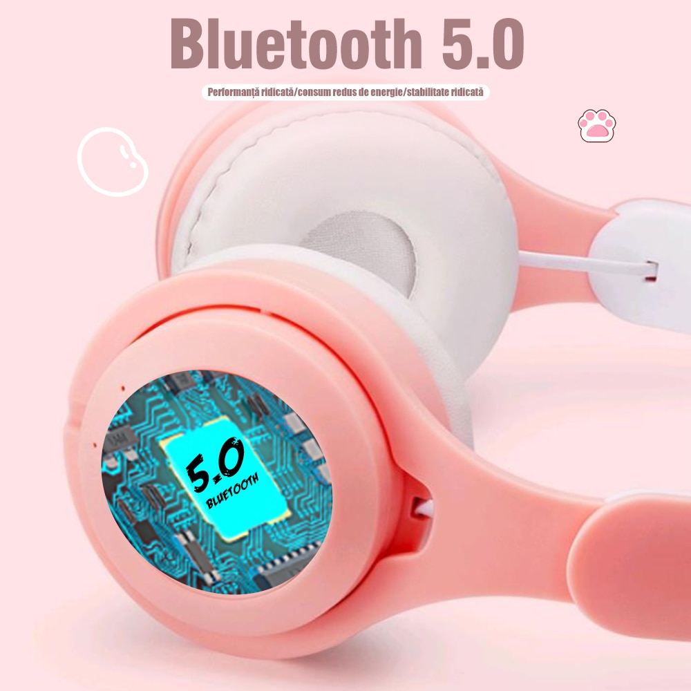 Casti bluetooth telefon, Model pisica, Pliabil, M6, HiFi, LED, Alb ...