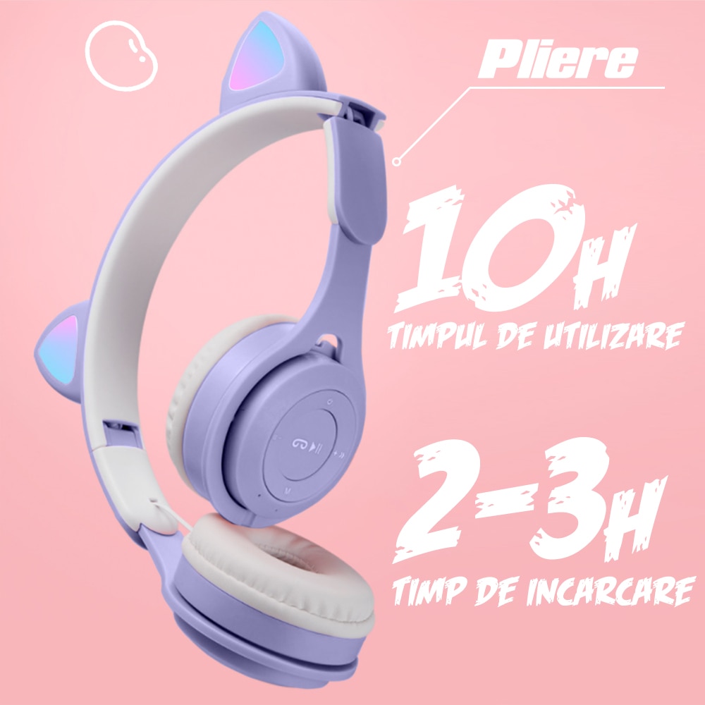 Casti bluetooth telefon, Model pisica, Pliabil, M6, HiFi, LED, Mov ...