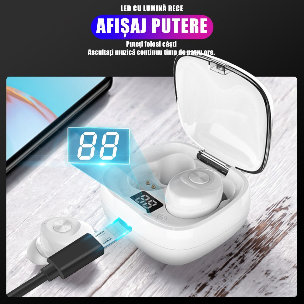 Casti bluetooth telefon Euotboup, Control tactil, LED, Alb - eMAG.ro