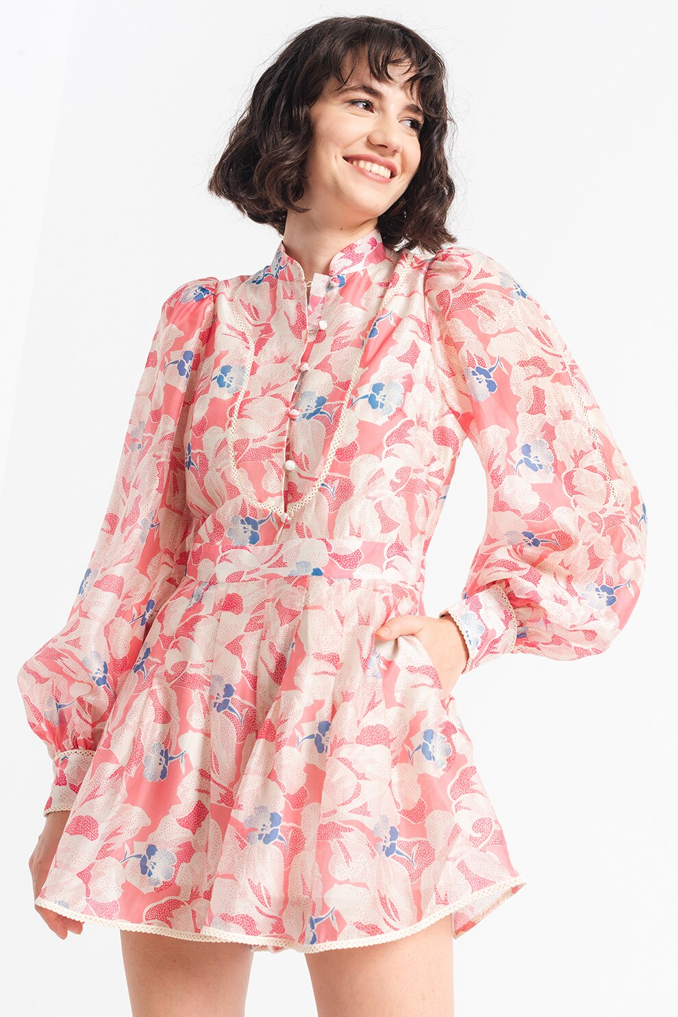 Ted Baker, Salopeta din amestec de lyocell cu model floral Lele, Alb ...