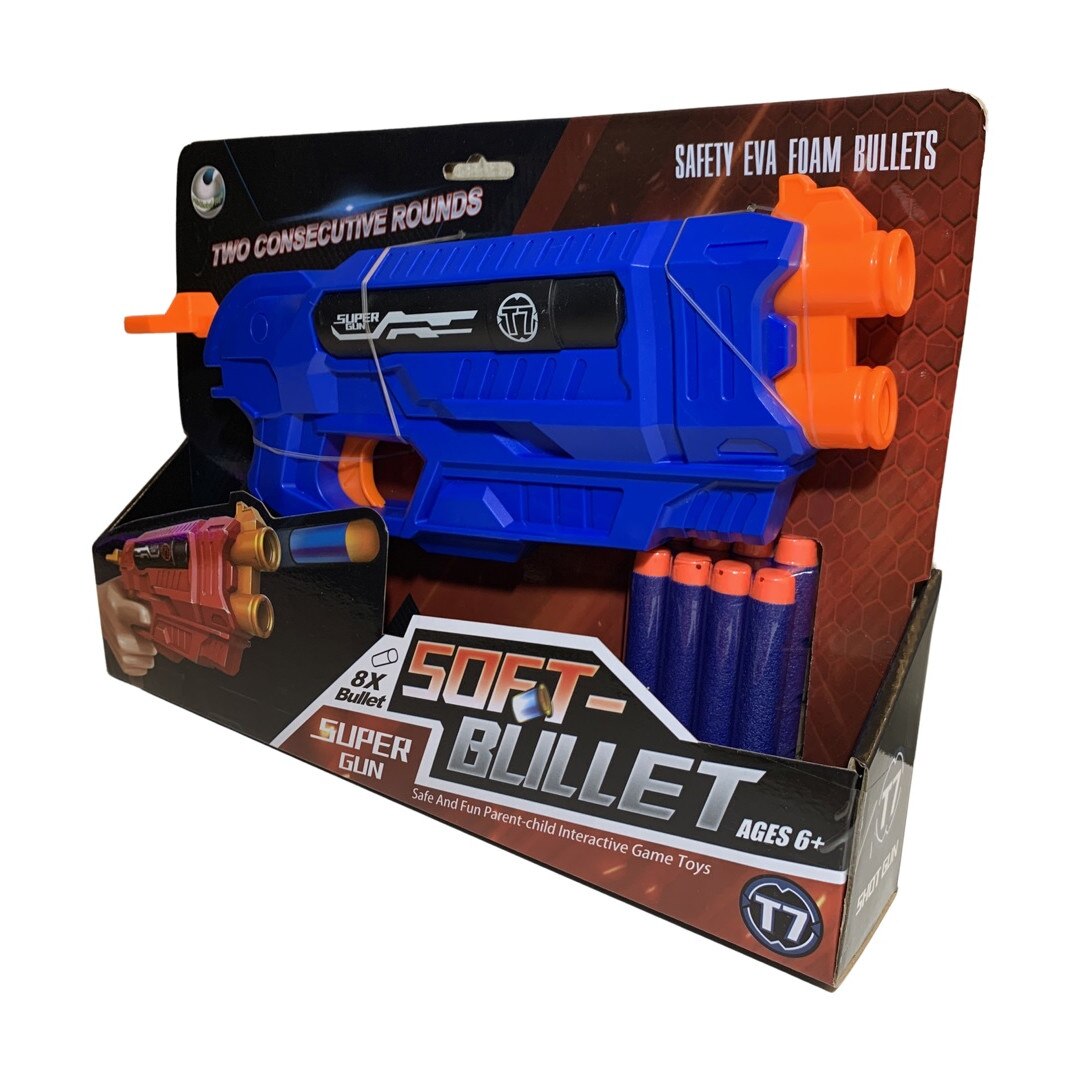 Arma Super Gun, soft bullet cu 8 gloante, Albastru, 6 ani - eMAG.ro