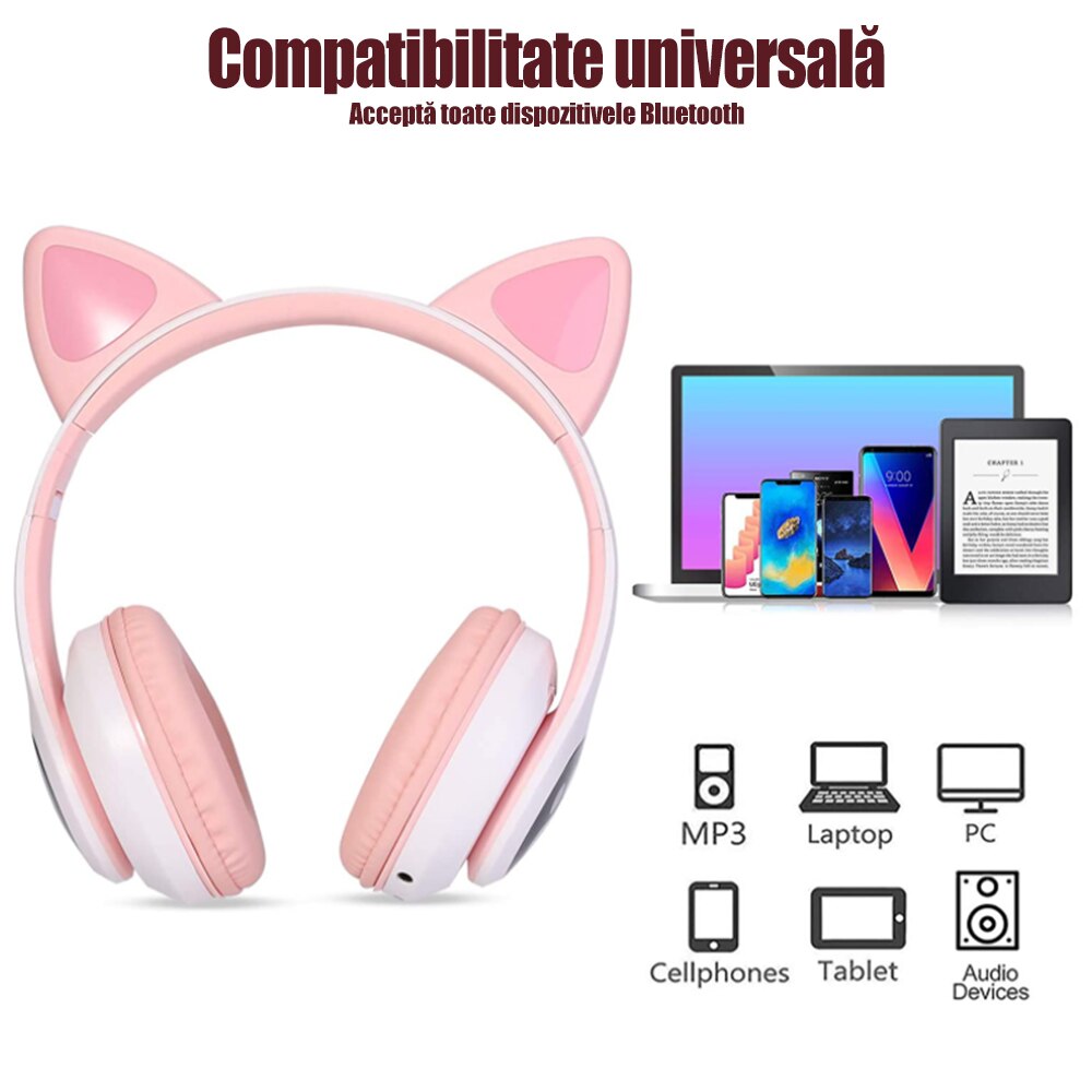 Casti bluetooth telefon Euotboup, Model pisica, Hi-Fi, LED, Pliabil ...
