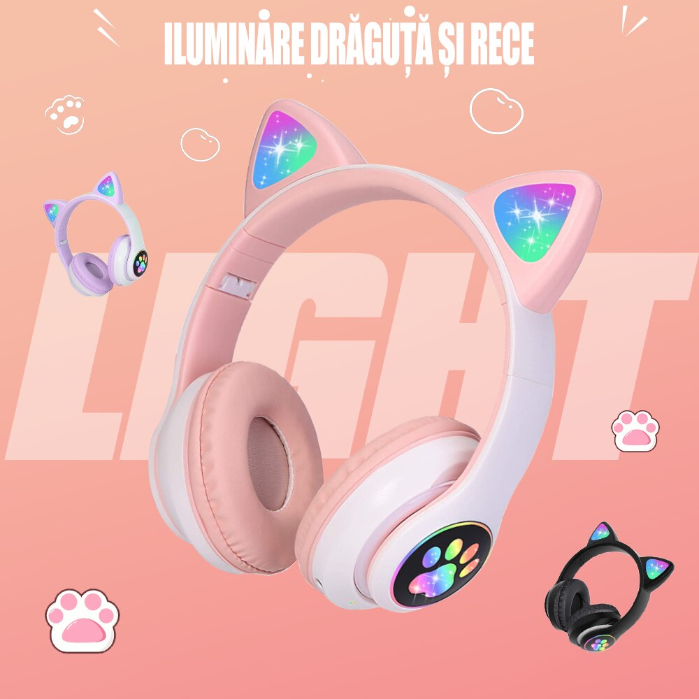 Casti bluetooth telefon Euotboup, Model pisica, Hi-Fi, LED, Pliabil ...