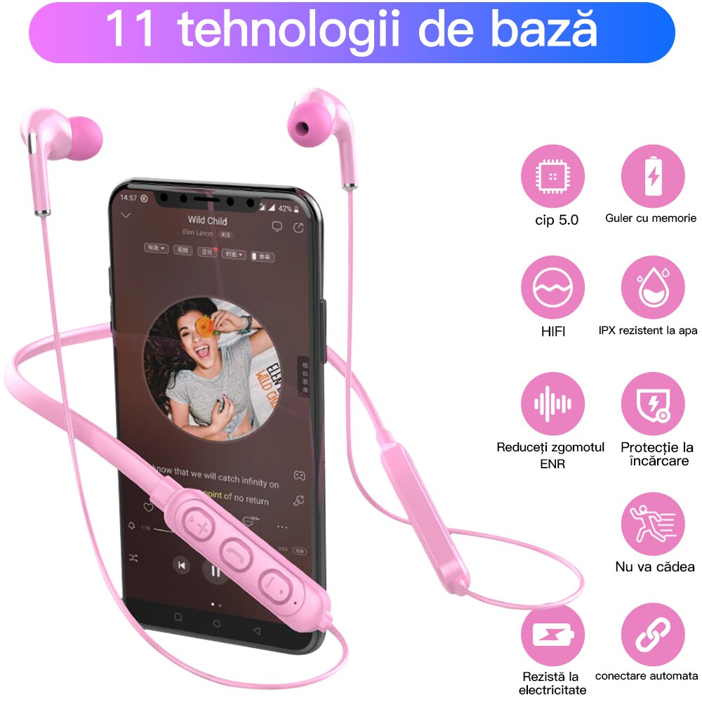 Casti bluetooth telefon Euotboup, Magnetic, Impermeabil, Roz - eMAG.ro