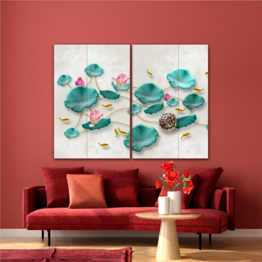 Set 2 Tablouri Multicanvas, Pestele de aur intre lotus 688, Tipar UV ...