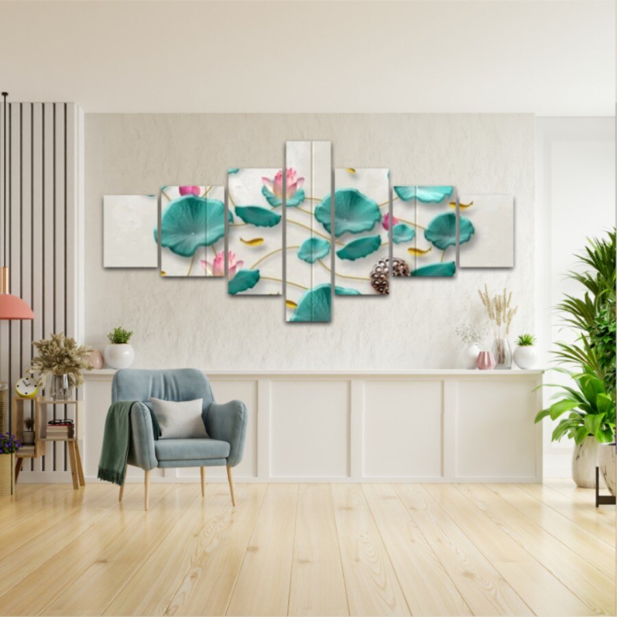 Set 7 Tablouri Multicanvas, Pestele de aur intre lotus 688, Tipar UV ...