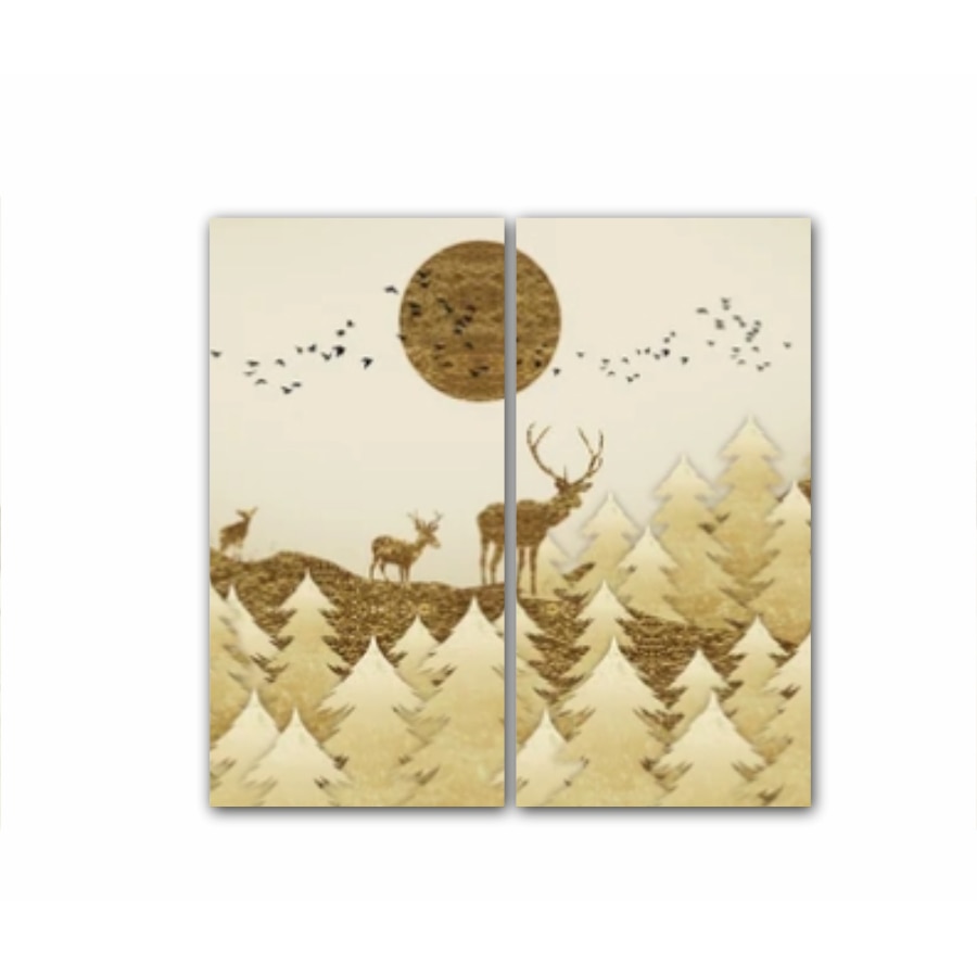 Set 2 Tablouri Multicanvas, Cerbii in padure de aur 720, Tipar UV pe ...
