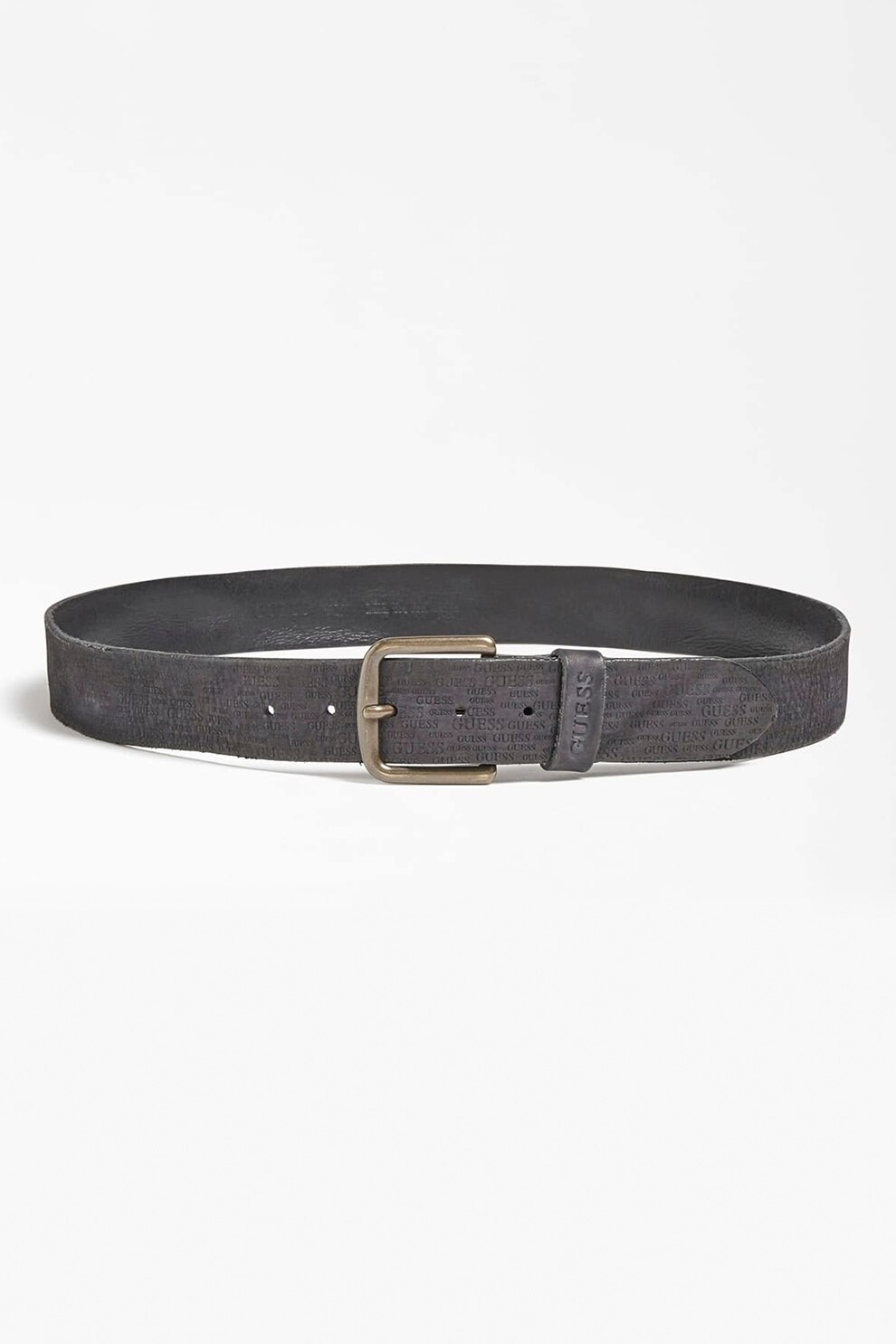 Guess, Curea din piele cu model logo in relief, Gri inchis, 105 CM ...