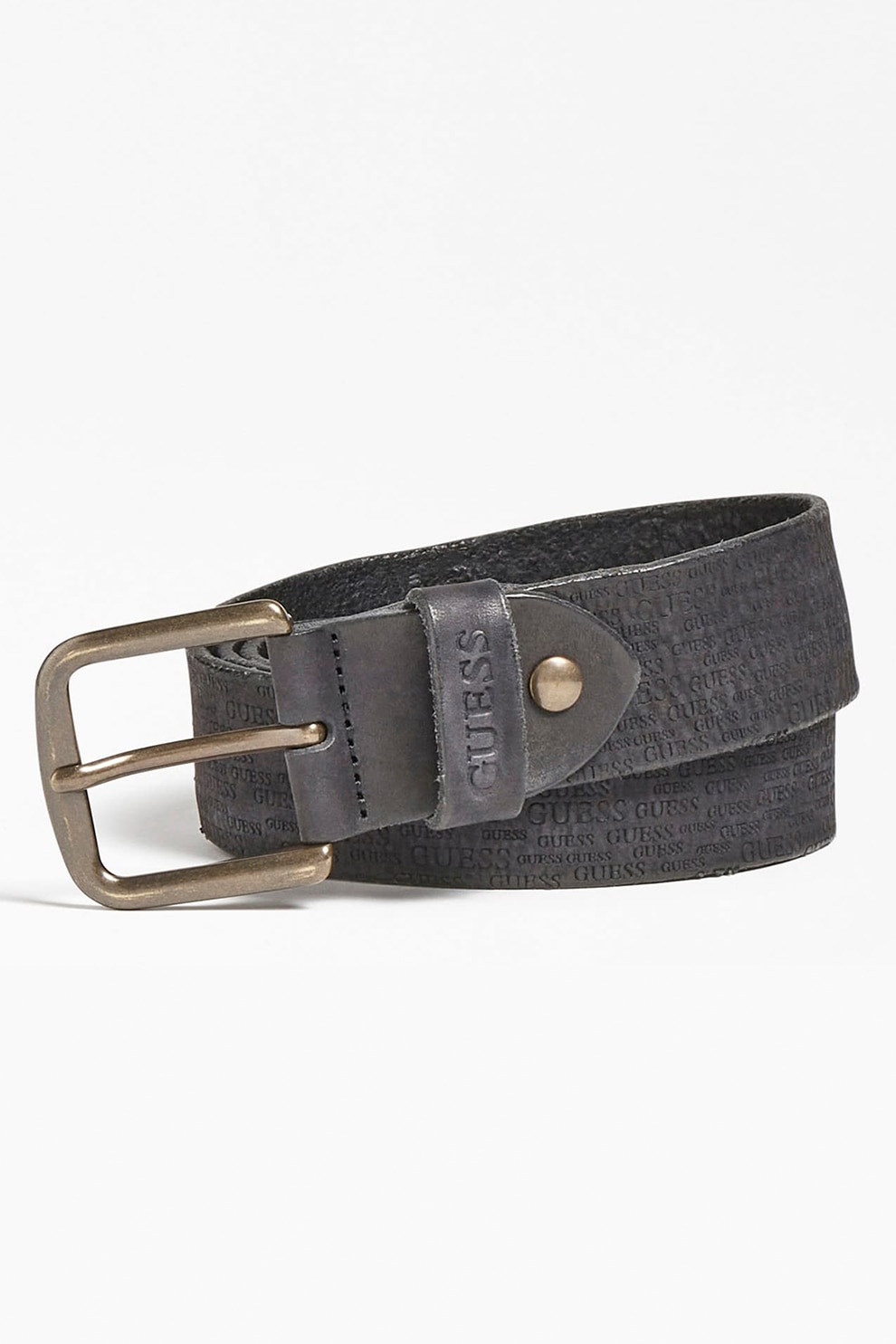 Guess, Curea din piele cu model logo in relief, Gri inchis, 105 CM ...