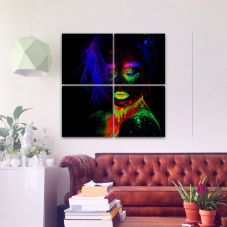 Set 4 Tablouri Multicanvas, Femeie in neon 591, Tipar UV direct pe ...