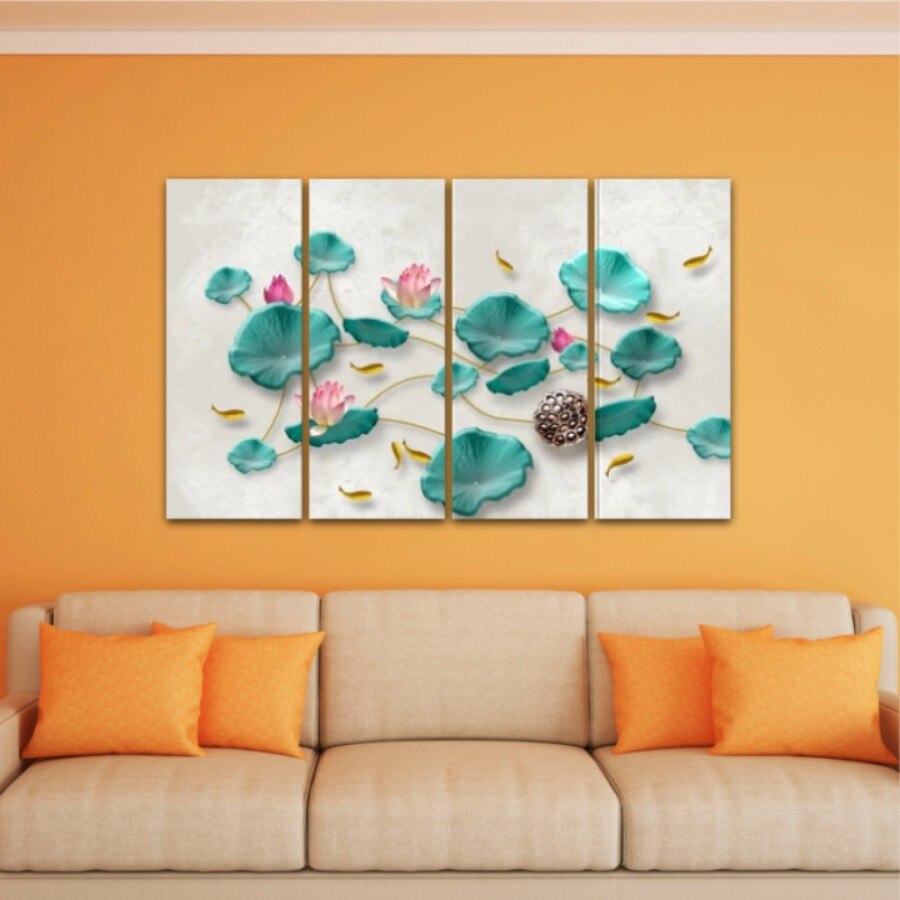 Set 4 Tablouri Multicanvas, Pestele de aur intre lotus 688, Tipar UV ...