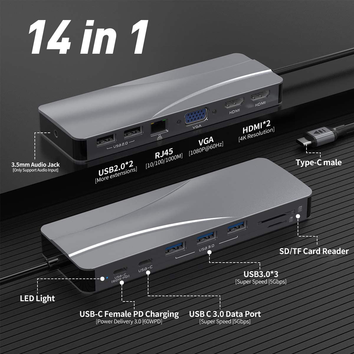 Hub USBC 14 in 1 RikBo®, 1x 100Mbps RJ45, 2x 4k HDMI, 1x VGA Port, 3x ...
