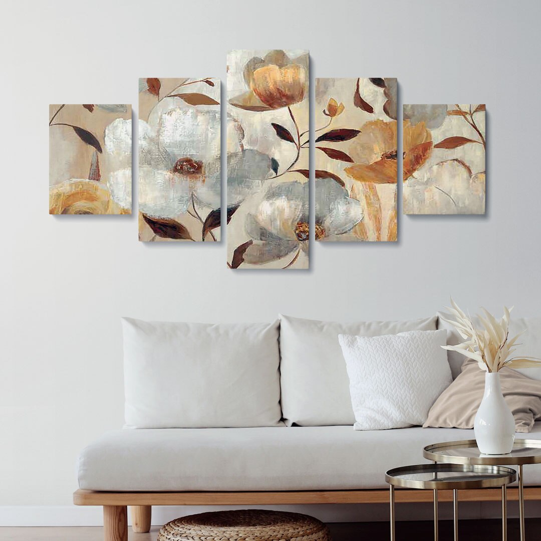 Set 5 piese Tabouri Decor multicanvas premium, Maci aurii si albi, 55 x ...