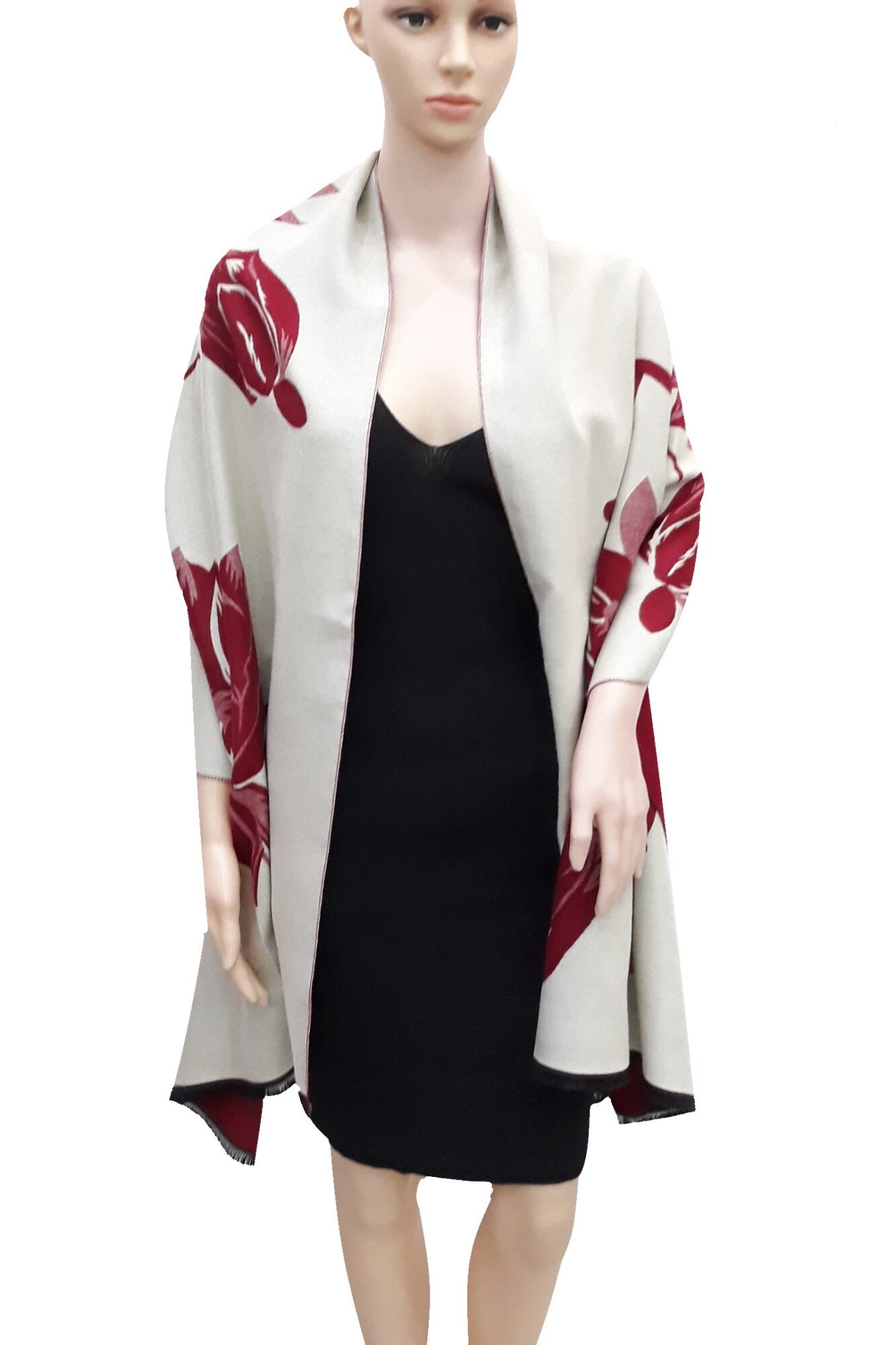 Sal dama, cu doua fete, rosu/crem, model floral, dimensiune 190/65 cm ...