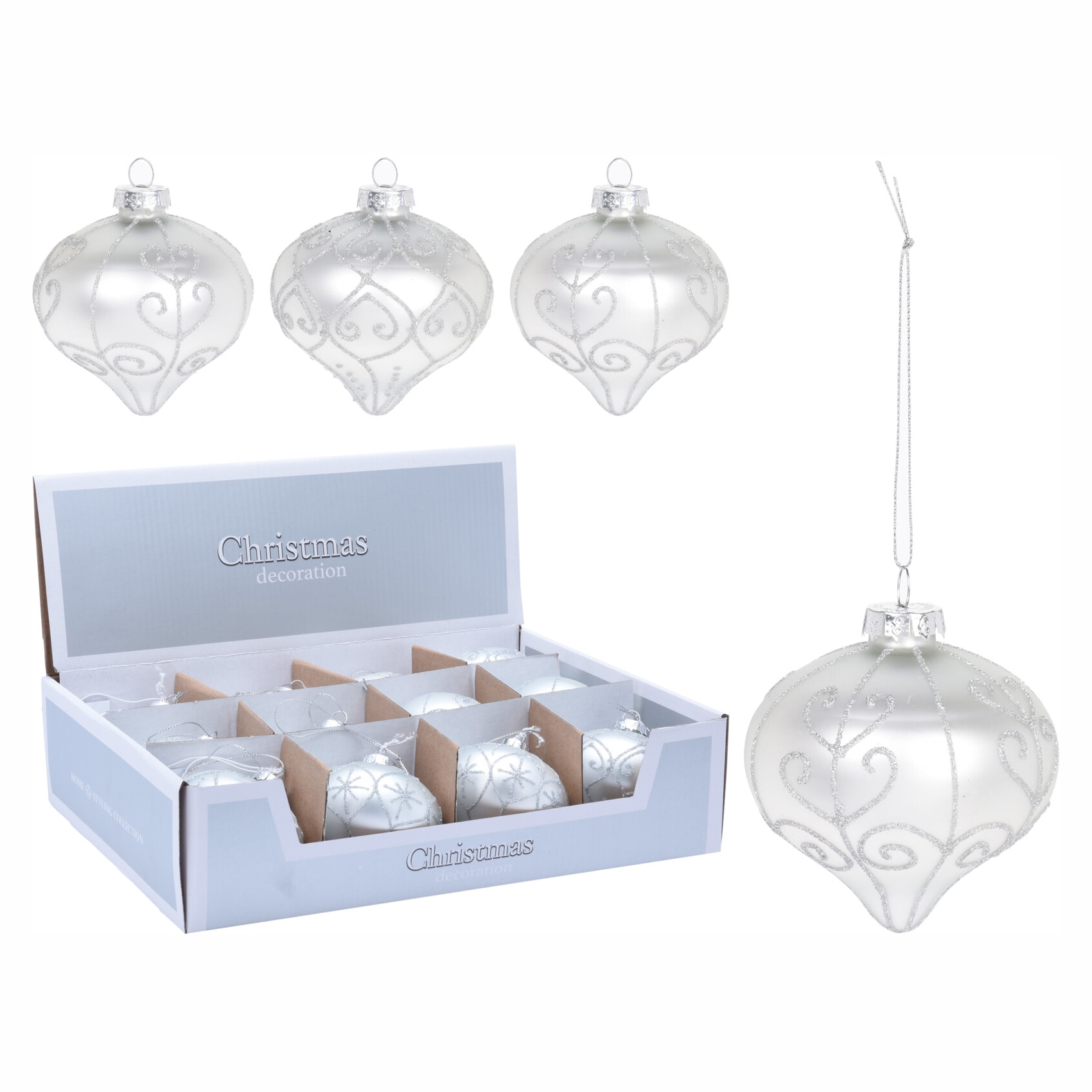 Globuri brad, forma conica, sticla, argintiu, cu model, set 12 buc, 8 ...