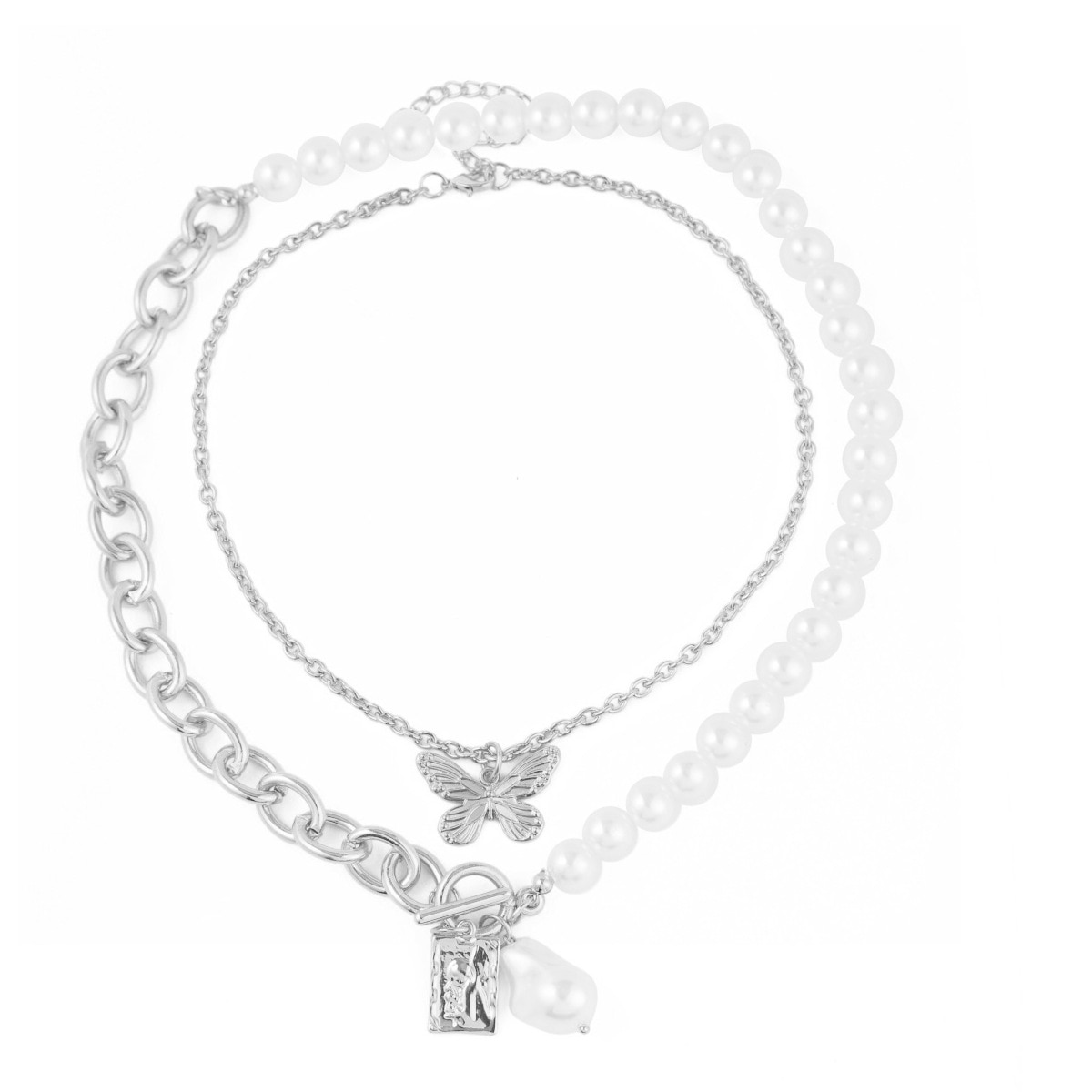 Colier dublu mixt din perle, pandantiv fluture, placat cu aur 18K ...