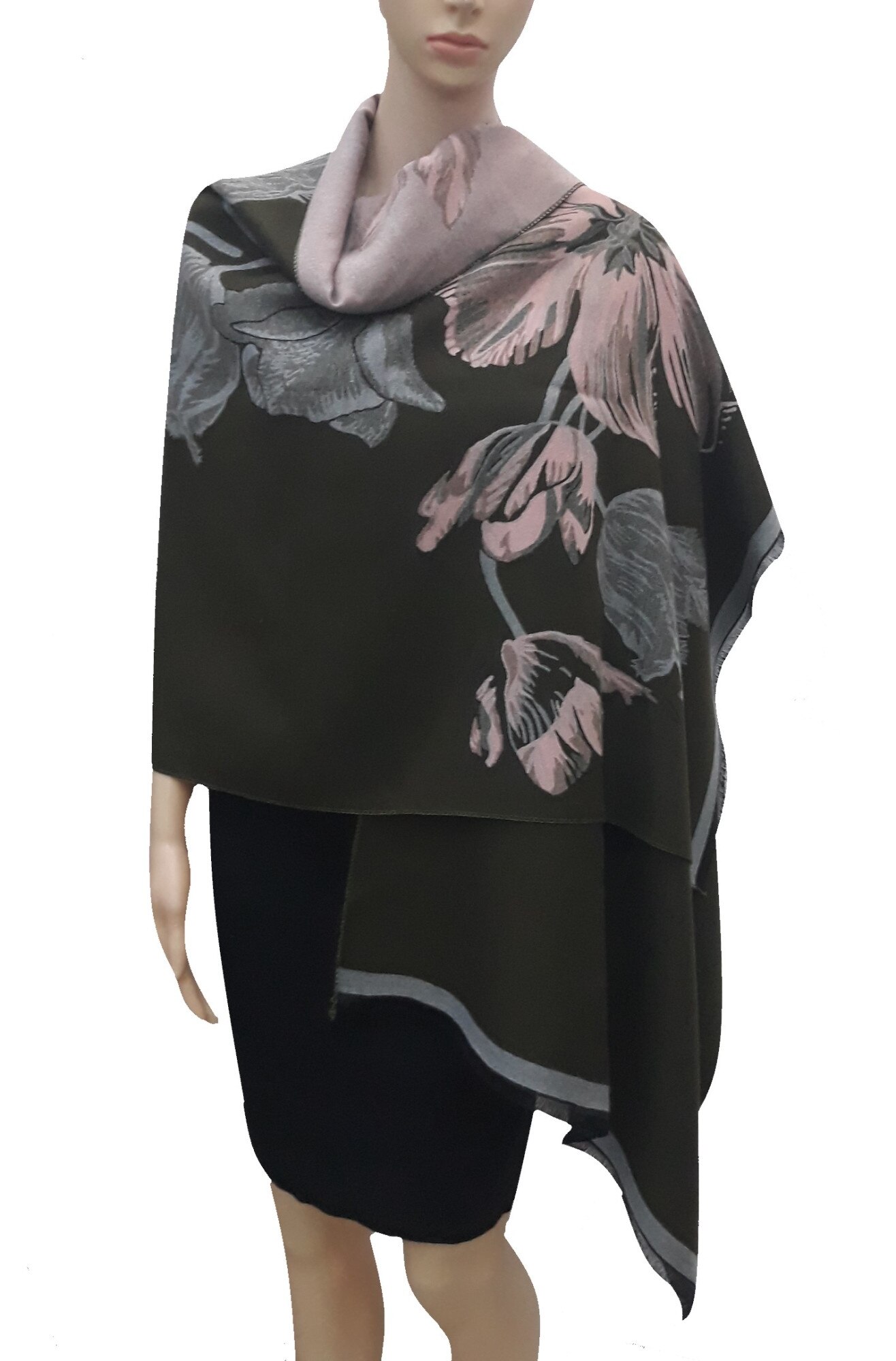 Sal dama, cu doua fete, verde inchis/roz, model floral, dimensiune ...