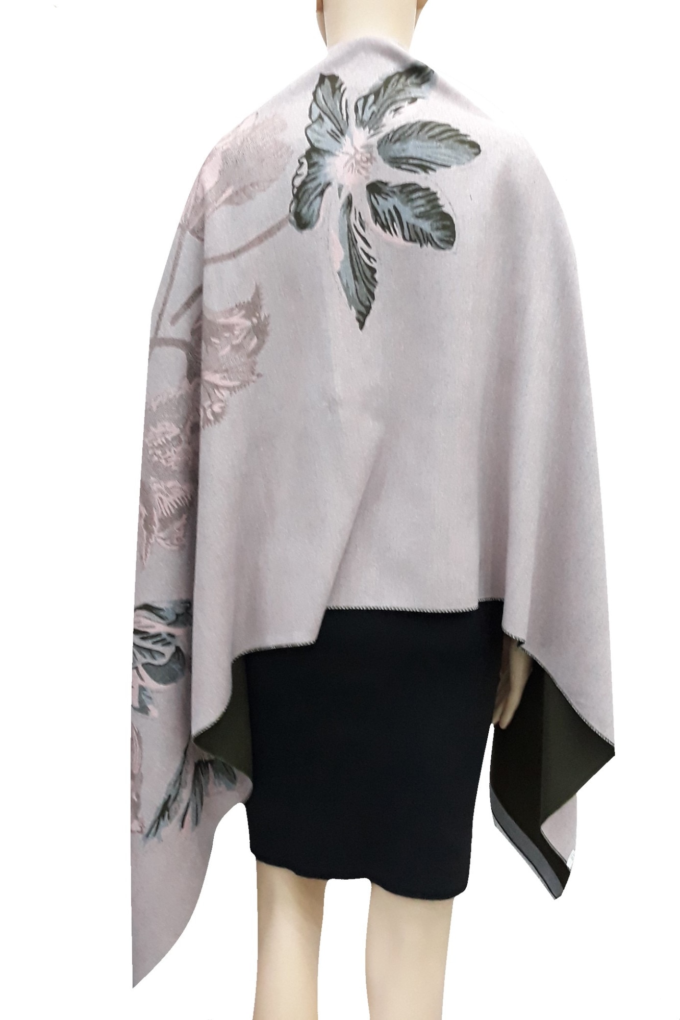 Sal dama, cu doua fete, verde inchis/roz, model floral, dimensiune ...