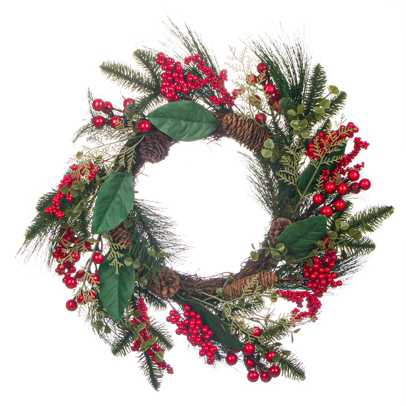 Coronita de Craciun decorata, cu ace de pin, frunze si fructe rosii ...