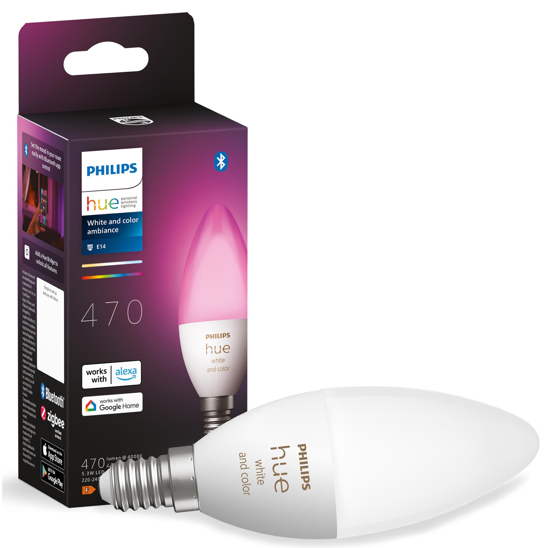 Bec LED RGB inteligent Philips Hue B39, Bluetooth, Zigbee, E14, 5.3W ...