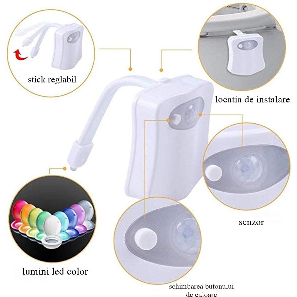 Lampa Led WC 8 culori cu senzori rezistenti la apa, miscare lumineaza ...