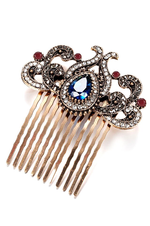 Pieptene de par vintage, model baroc cu lira si picatura, cristale si ...