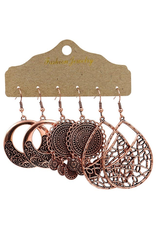 Set de 3 perechi de cercei boho, disc cu banuti, cerc si picatura Cupru ...