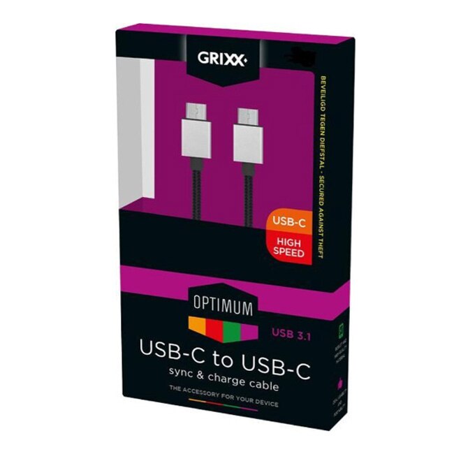USB кабел Grixx Optimum, USB-C (м) към USB-C (м), въжена оплетка, 3 ...