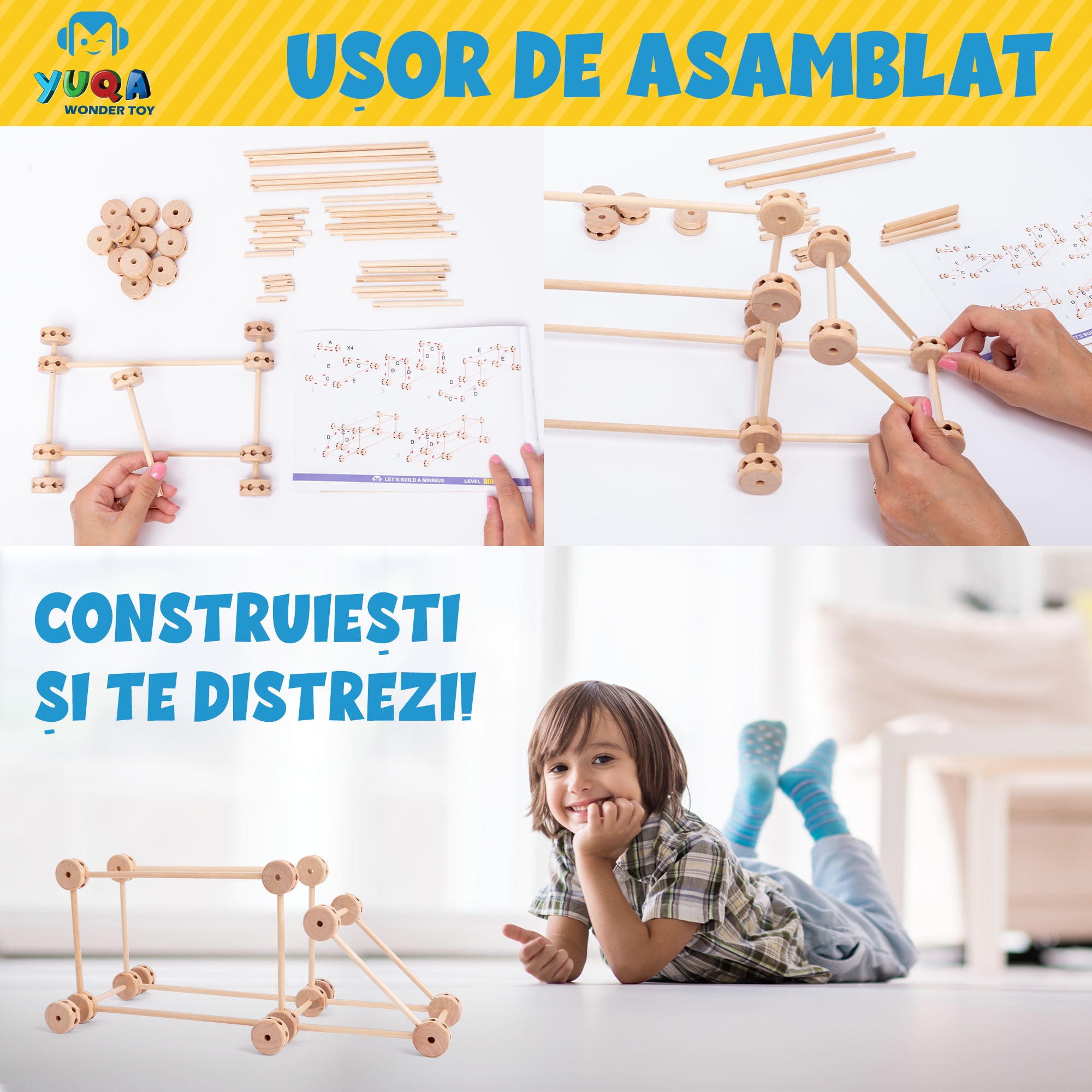 Set de constructie, Yuqa Wonder Toy, Lemn, 60 piese - eMAG.ro