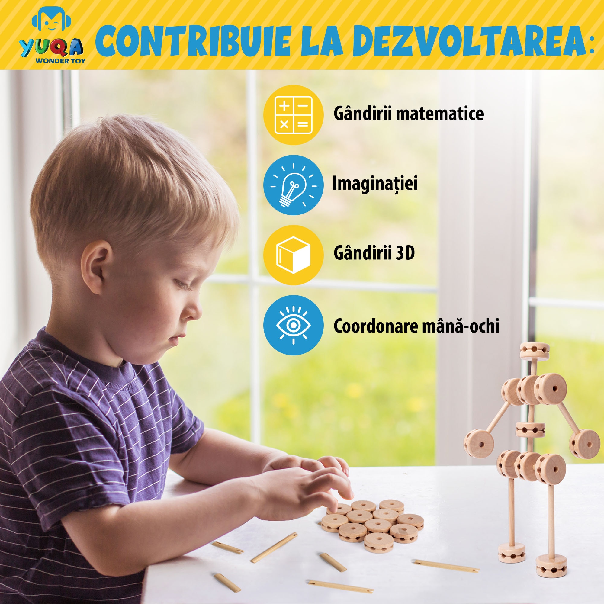 Set de constructie, Yuqa Wonder Toy, Lemn, 60 piese - eMAG.ro